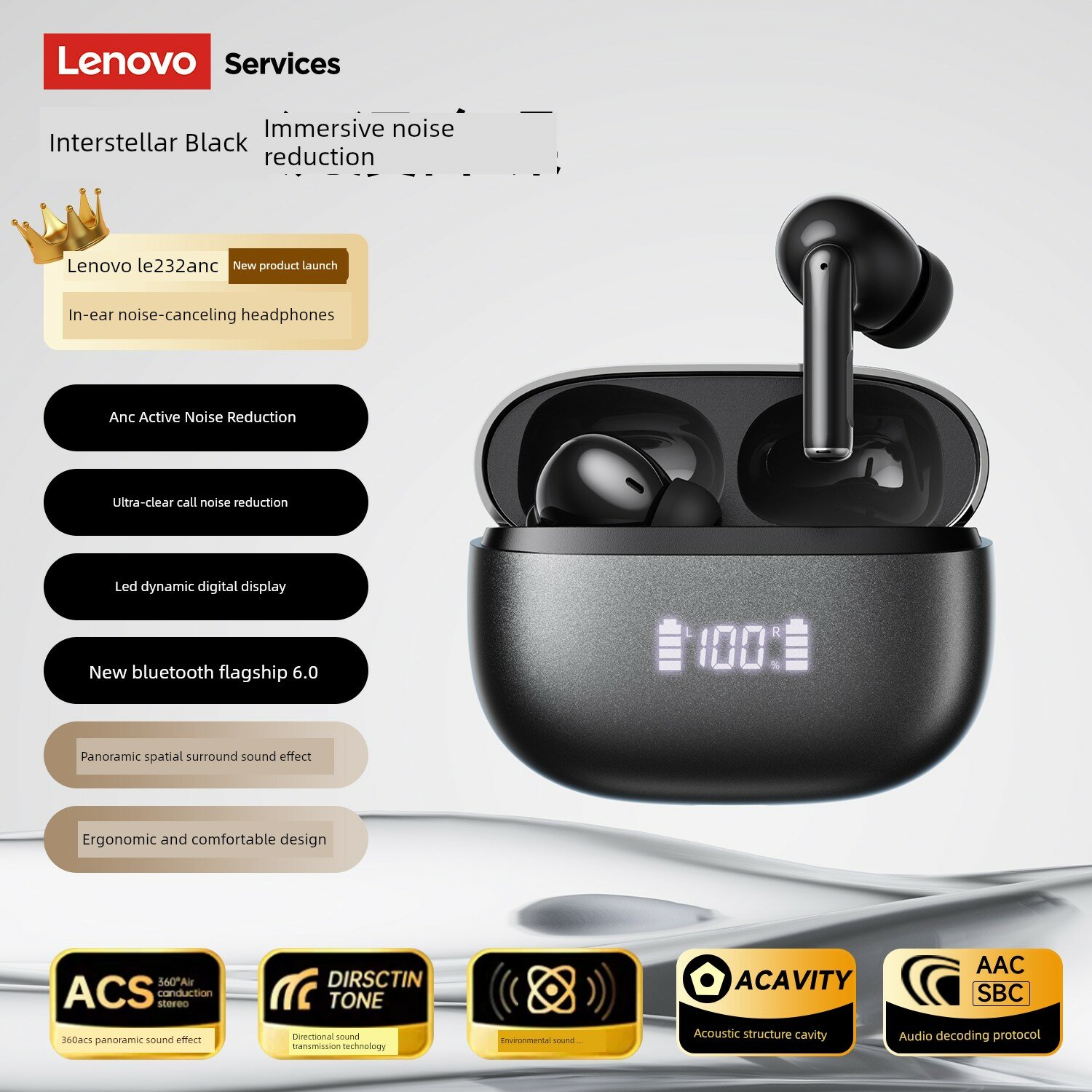 Lenovo беспроводные наушники Bluetooth с активным шумоподавлением, вкладыш-дизайн для спорта, совместимые с Apple и