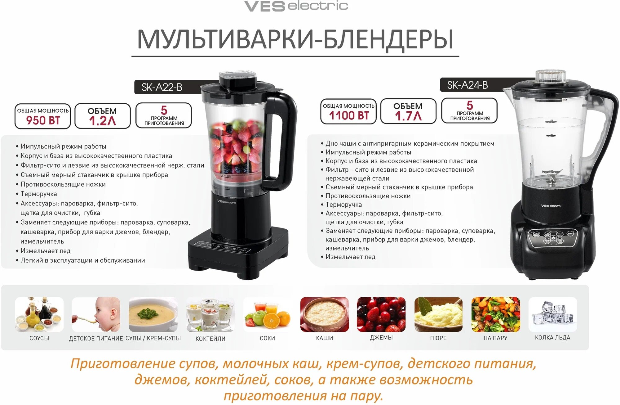 Блендер-суповарка VES SK-A22-B, мощность 950Вт, импульсный режим, нескользящие ножки