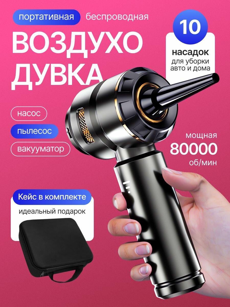 Воздуходувка/ветродуйка аккумуляторная для компьютера мощная 6000 мАч. Пылесос для пк/ноутбука/клавиатуры. В комплекте кейс с насадками