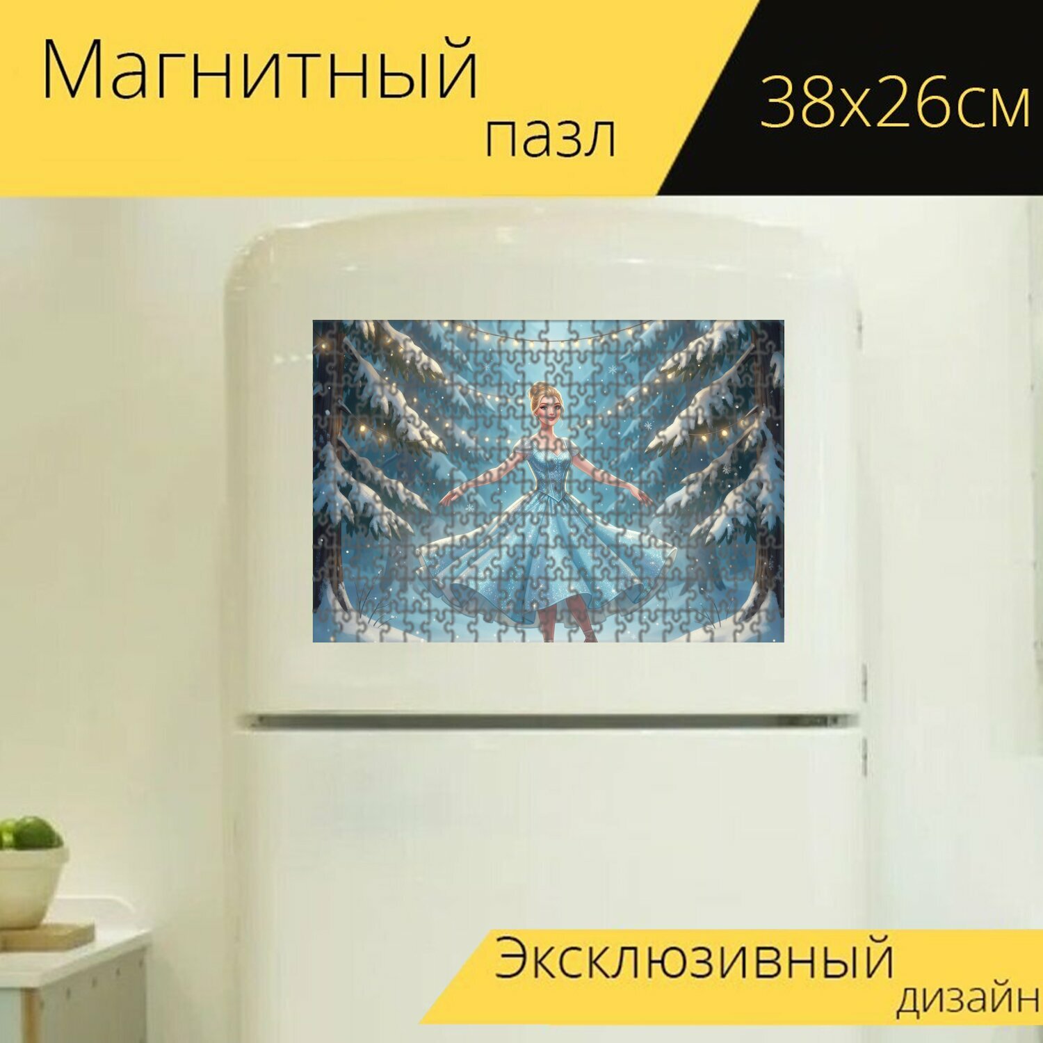 Магнитный пазл "Балерина в зимнем лесу. Сказочная девушка в сверкающем голубом наряде танцует среди заснеженных елей, гирлянд и падающего снега. Нежная." для интерьера, 38х26 см.