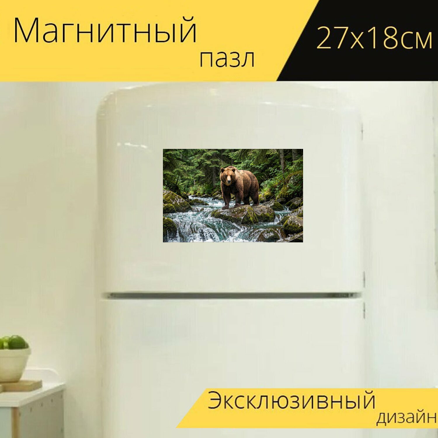 Магнитный пазл "Медведь у горной реки. Дикий бурый зверь стоит на камне среди бурного лесного потока, мох, еловые деревья и скалы. Натуралистичная сцена." на холодильник 27 x 18 см.