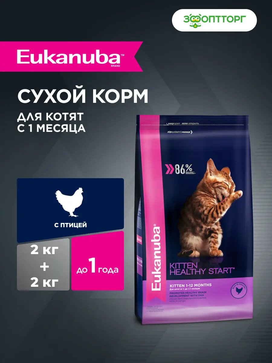 Сухой корм Eukanuba Cat для котят Домашняя птица, 2 кг х 2 шт.