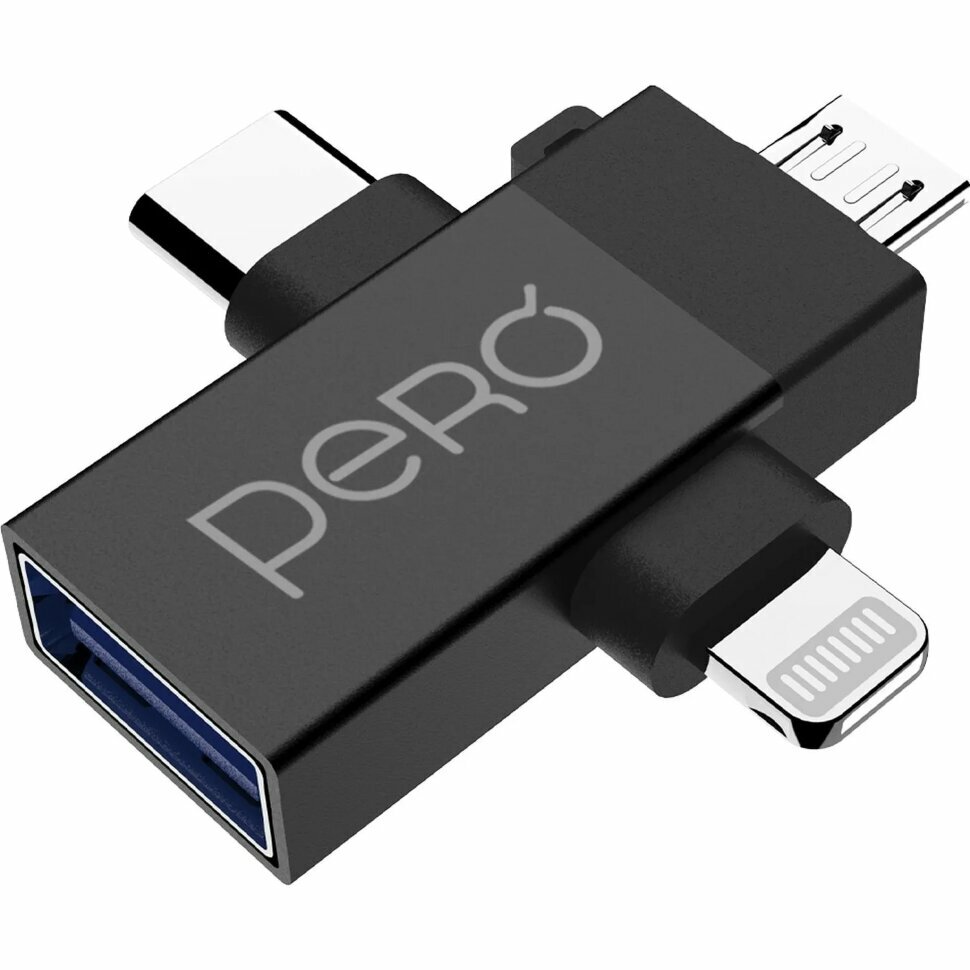 Адаптер PERO AD14 OTG LIGHTNING+USB-C+MICRO-USB TO USB 3.0, черный, 2492229
