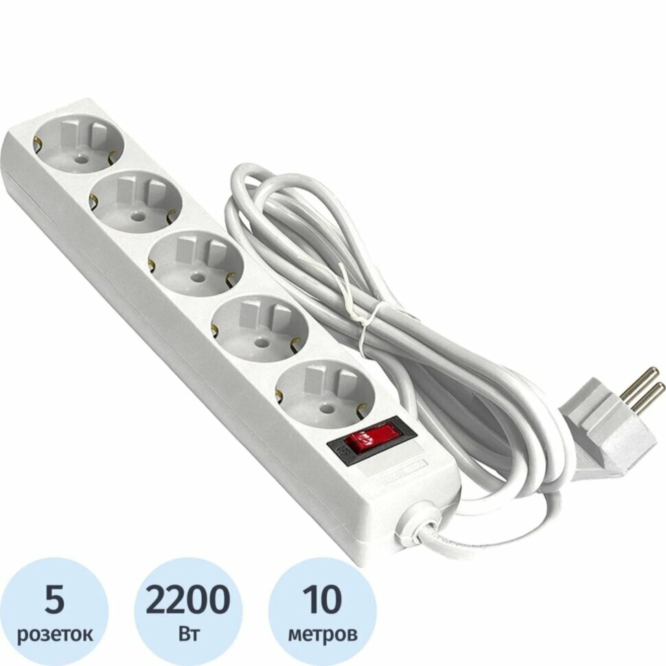Сетевой фильтр ExeGate SP-5-10W 5р/10м, 10А/2,2кВт, белый(EX279182RUS), 2120948