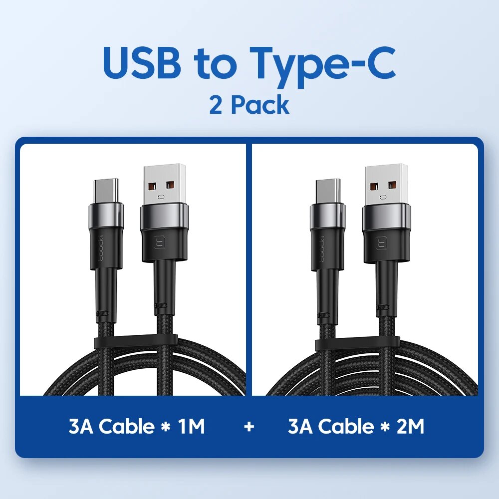 Кабель USB-C Toocki 2-Pack 3A Для Realme, Xiaomi, Samsung — Быстрая Зарядка И USB A to C Black