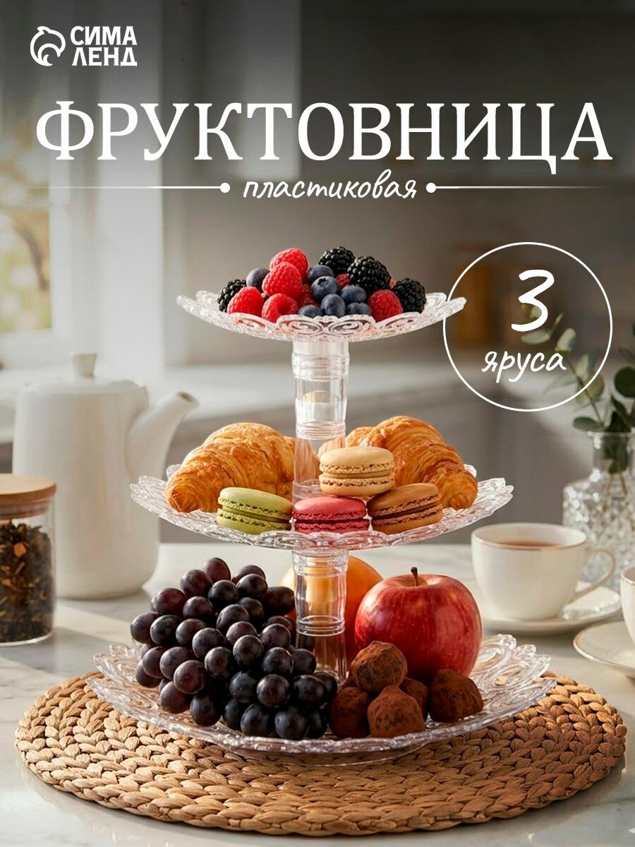 Блюдо сервировочное для подачи фруктов, пирожных 3-х ярусное "Мелодия", диаметр: 16 см, 21 см, 27 см, пластик