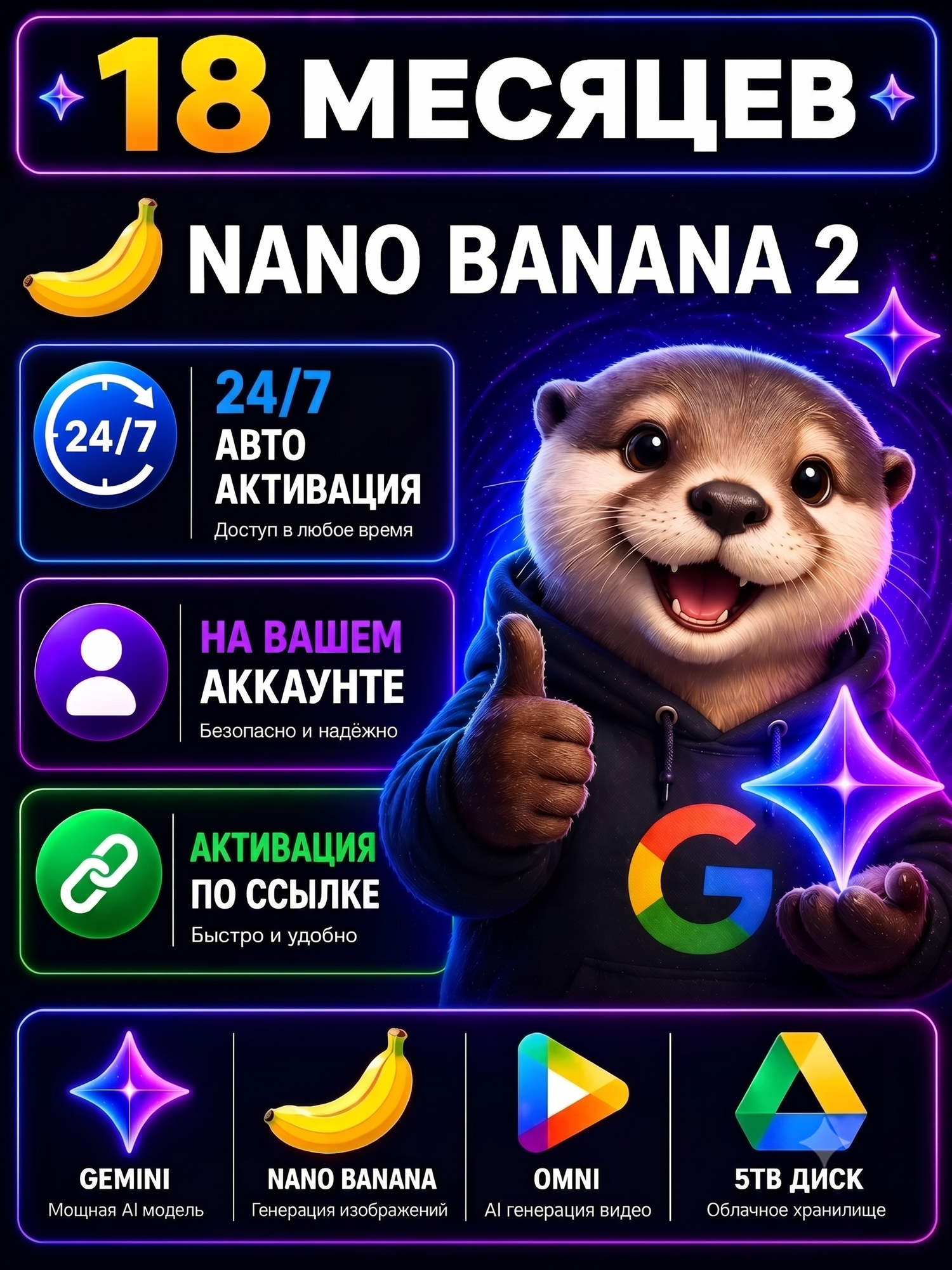 Gemini Omni (новинка 2026) / Nano Banana 2 / 18 месяцев / Ссылка активации / Без входа на аккаунт