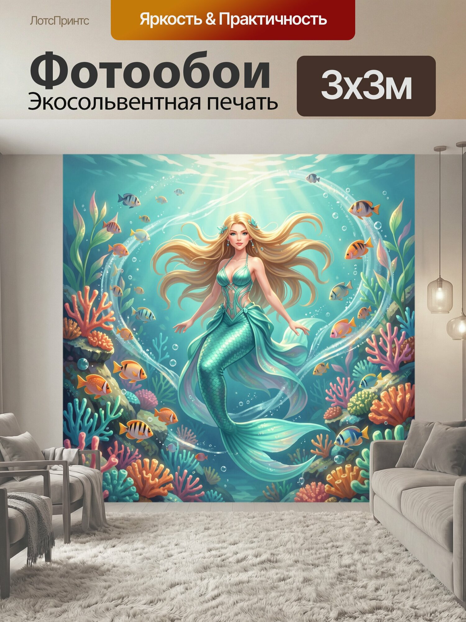 Фотообои "Русалка среди кораллов и рыб. Фантазийная подводная сцена с прекрасной морской девой, яркими тропическими рыбками, коралловыми." 300x300 см. экосольвентная печать
