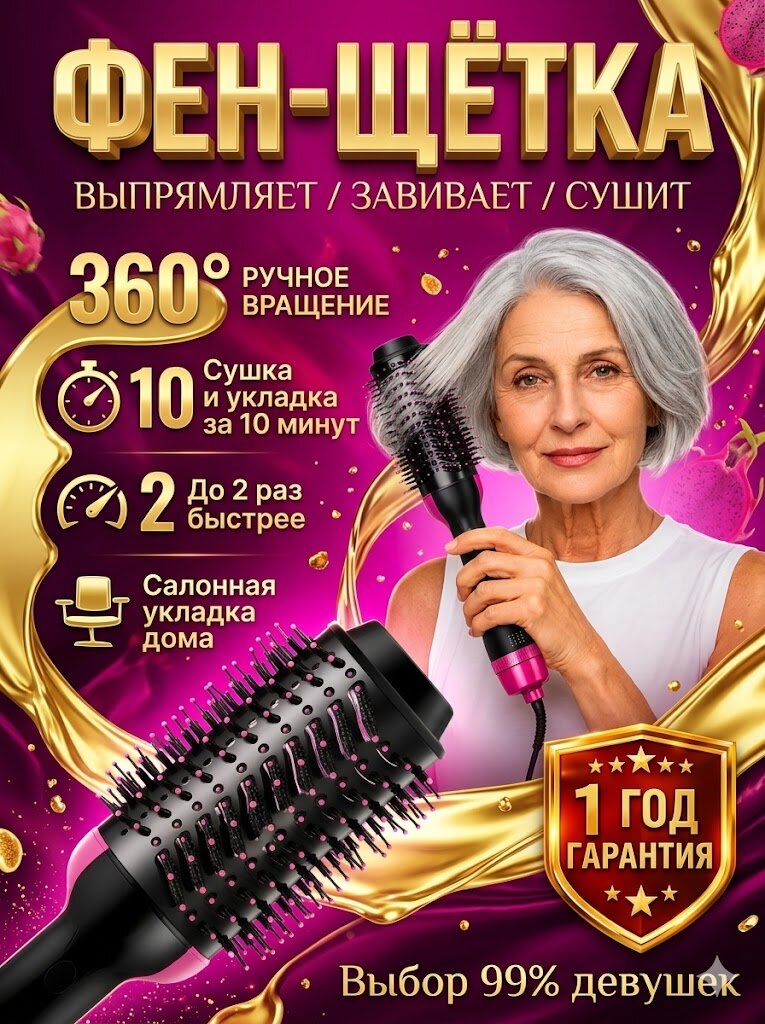 Фен-щетка для волос / Расческа с ионизацией One Step Фен-щётка (расчёска-фен) для волос Hair Dryer 3 в 1