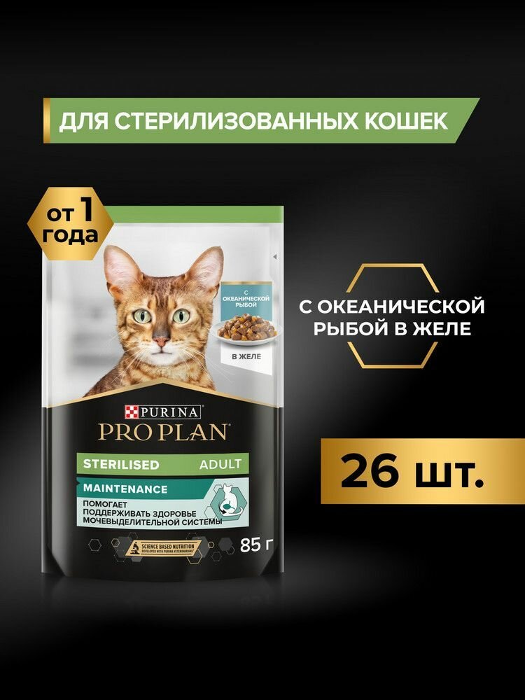 Влажный корм PRO PLAN Sterilised Maintenance для взрослых стерилизованных кошек и кастрированных котов, с океанической рыбой в желе, 85 г х 26 шт