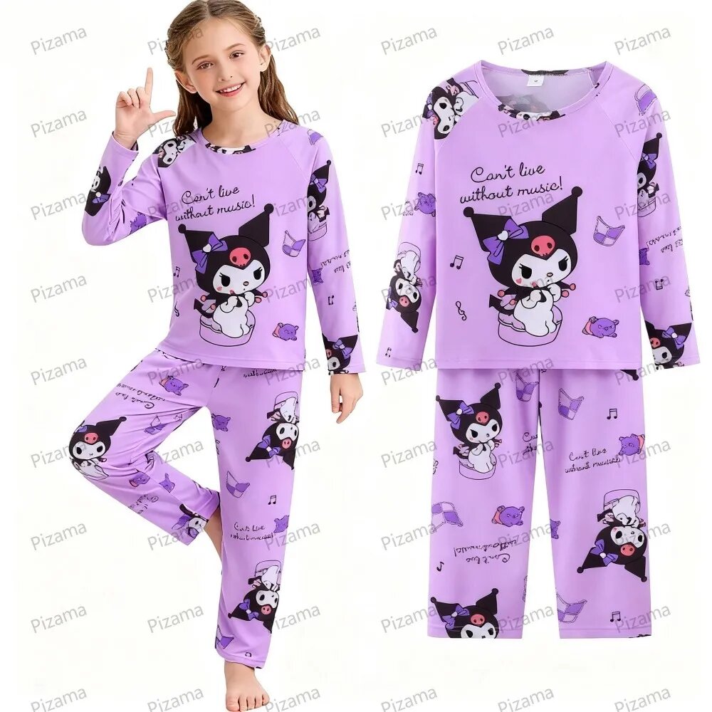 MINISO Комплект детской пижамы Sanrio для девочек, мягкая пижама с длинными рукавами Hello Kitty, детская пижама Cinnamon Dog, домашняя одежда Kuromi для малышей, Детский размер: 10 (105-115 см)