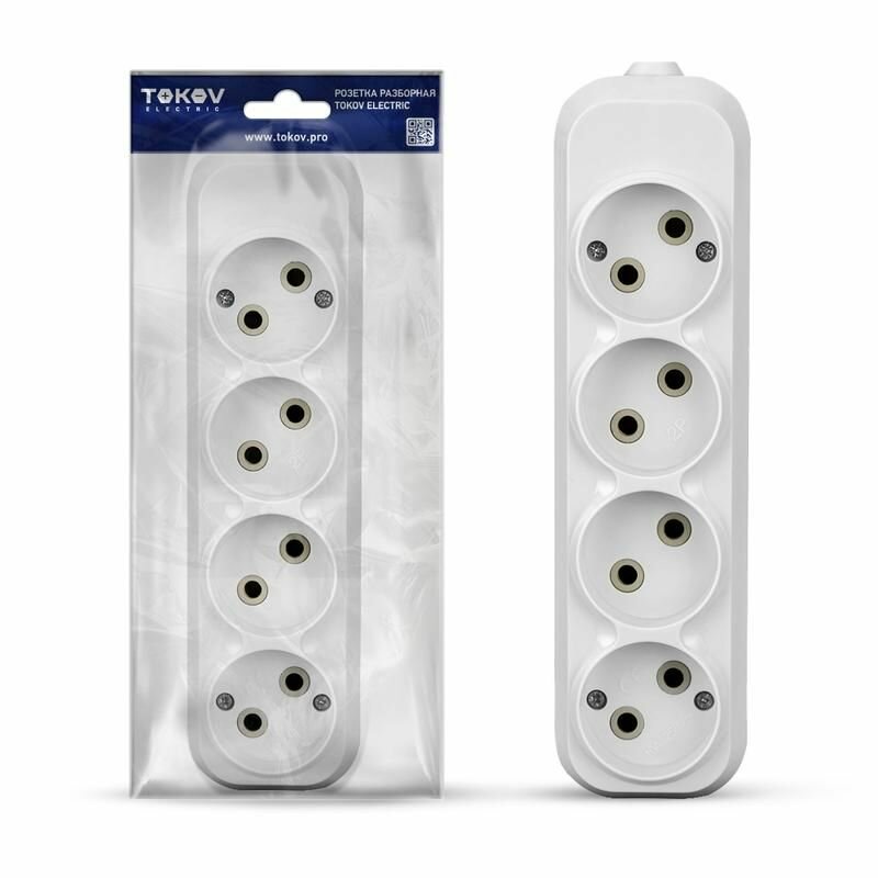 Колодка удлинителя TOKOV ELECTRIC белая, 4 места, 10 А, без заземления, АБС-пластик
