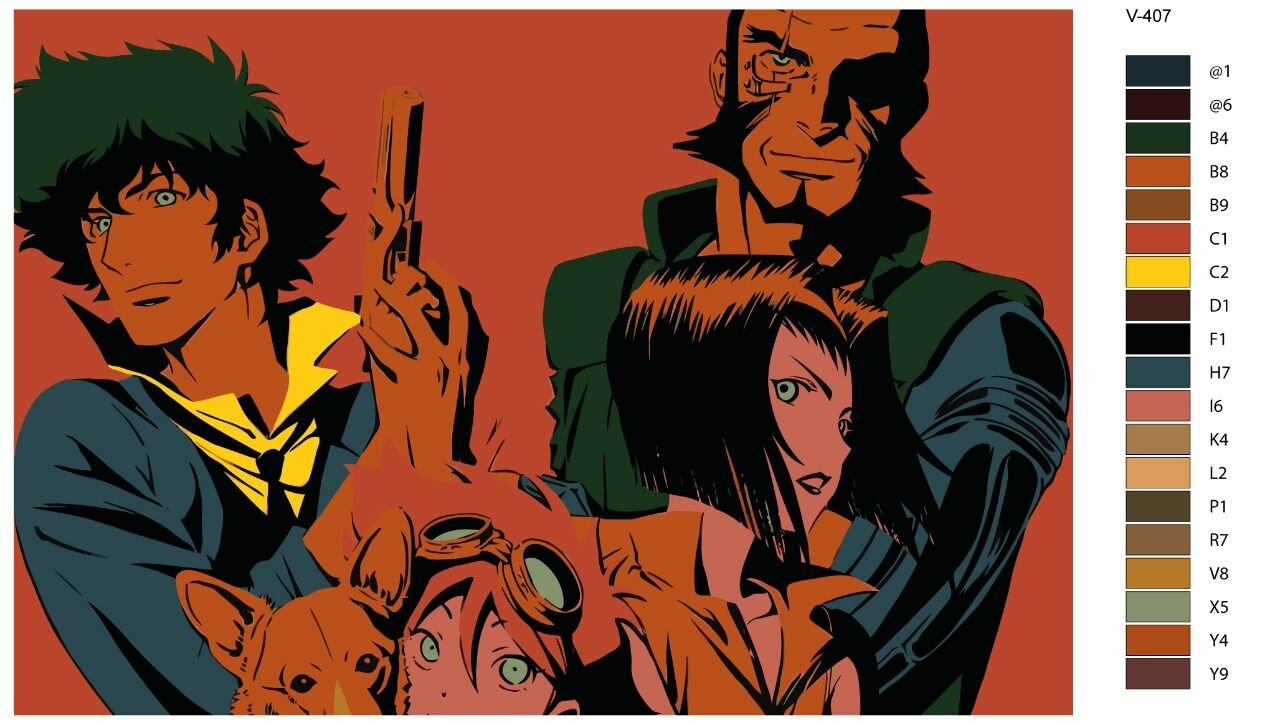 Картина по номерам V-407 "Аниме: Ковбой Бибоп (Cowboy Bebop). Спайк Шпигель, Фэй Валентайн, Джет Блэк, Эдвард (Spike Spiegel, Faye Valentine, Jet Black, Edward)", 40x60 см