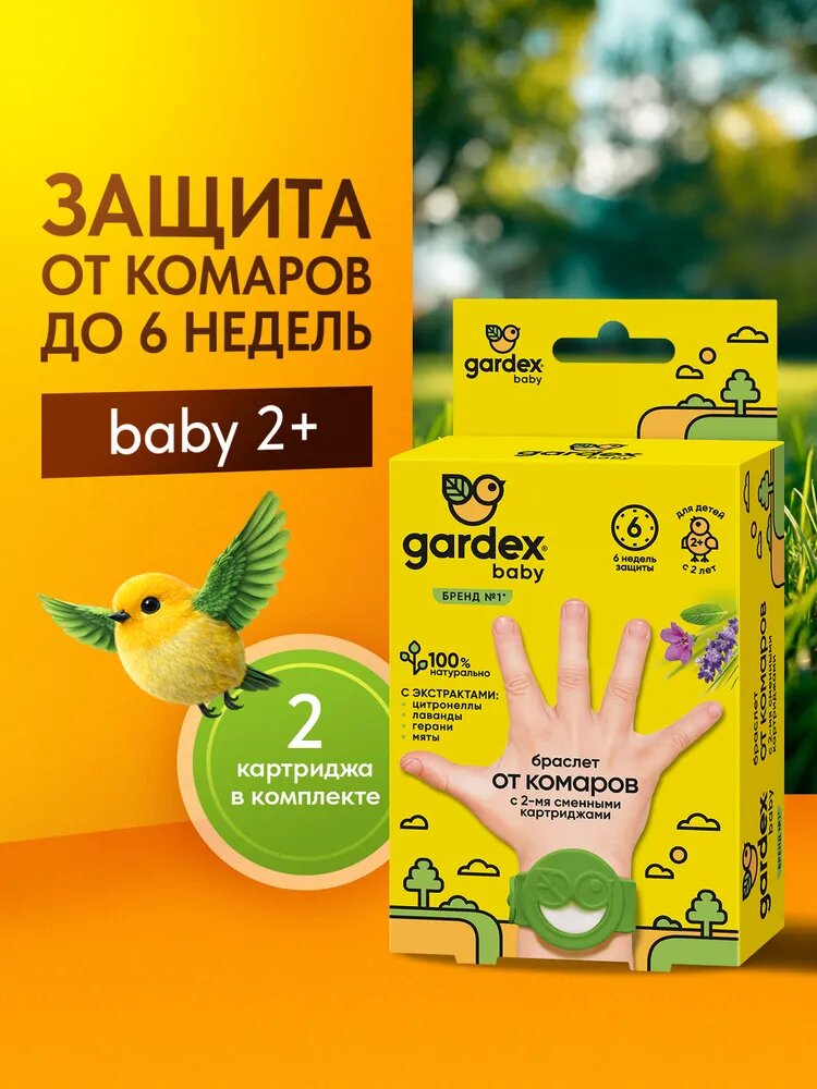 Браслет от комаров для детей, репеллент, Gardex Baby, детская защита от комаров с 2 сменными картриджами для детей