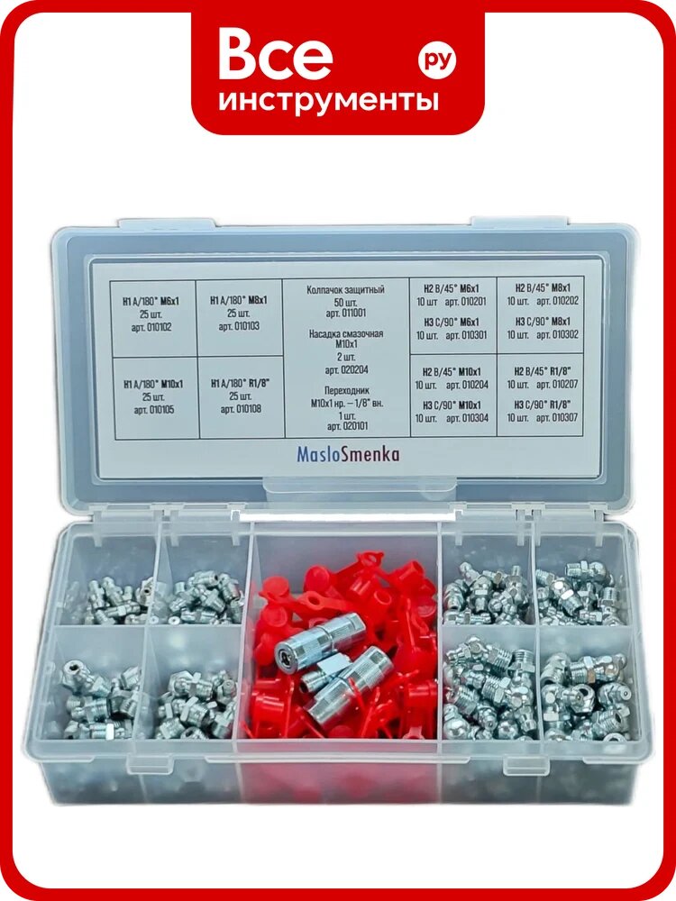 MasloSmenka Набор пресс-масленок (15 типов / 233 предмета) в кейсе GN-KIT-15-233, 012003, комплект из нержавеющей стали