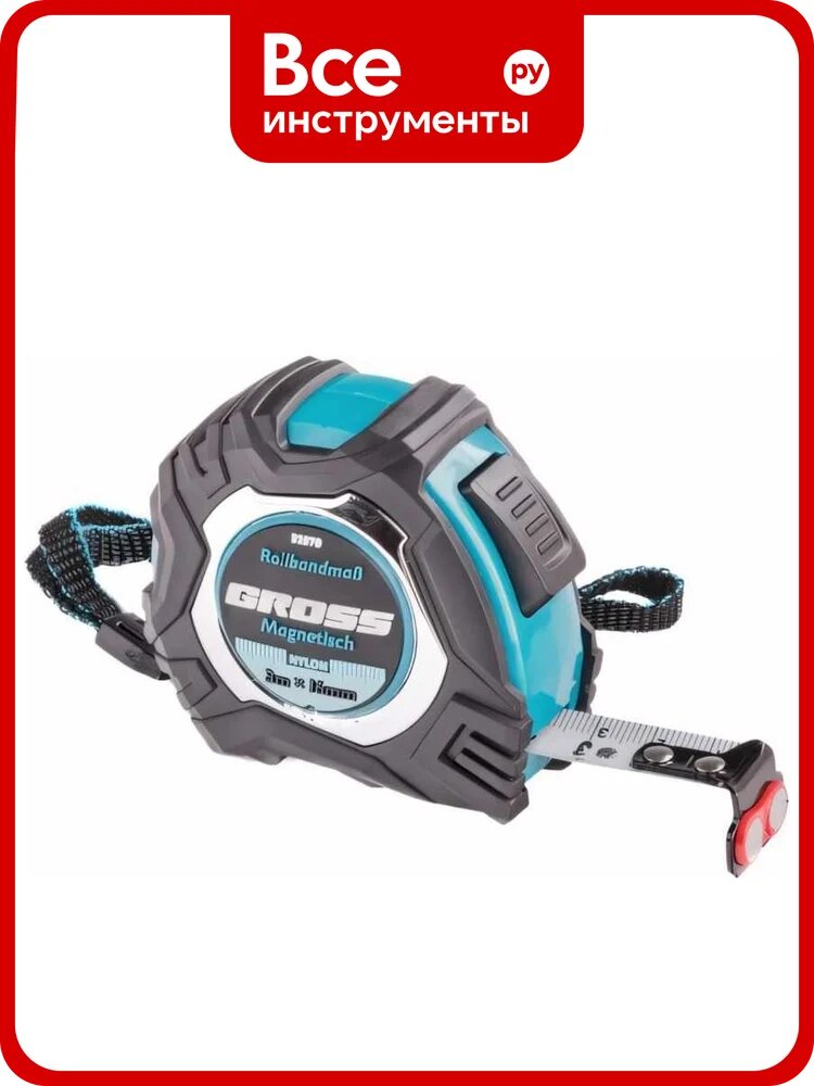 Рулетка GROSS Magnetisch, 3м х 16мм обрезиненный корпус 32570, металл, магнитная зацепка, стоп, клипса для ремня