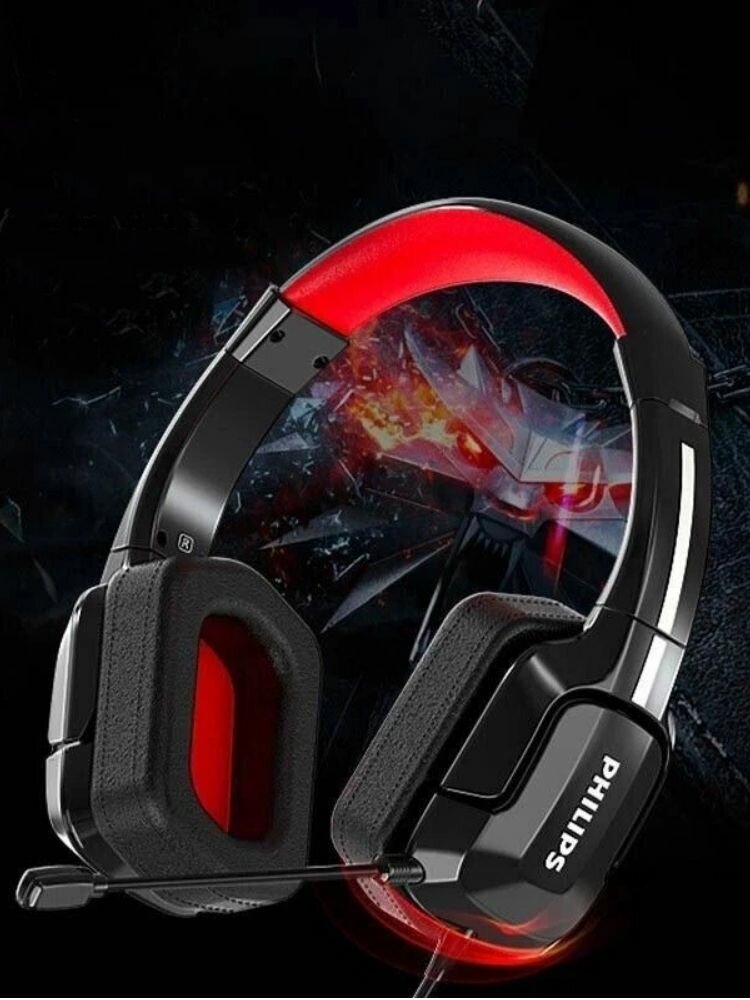 Philips Наушники проводные с микрофоном Игровая гарнитура Philips headset TAGH301 проводная гарнитура 3.5mm стереоUSB, 3.5 мм, черный, красный