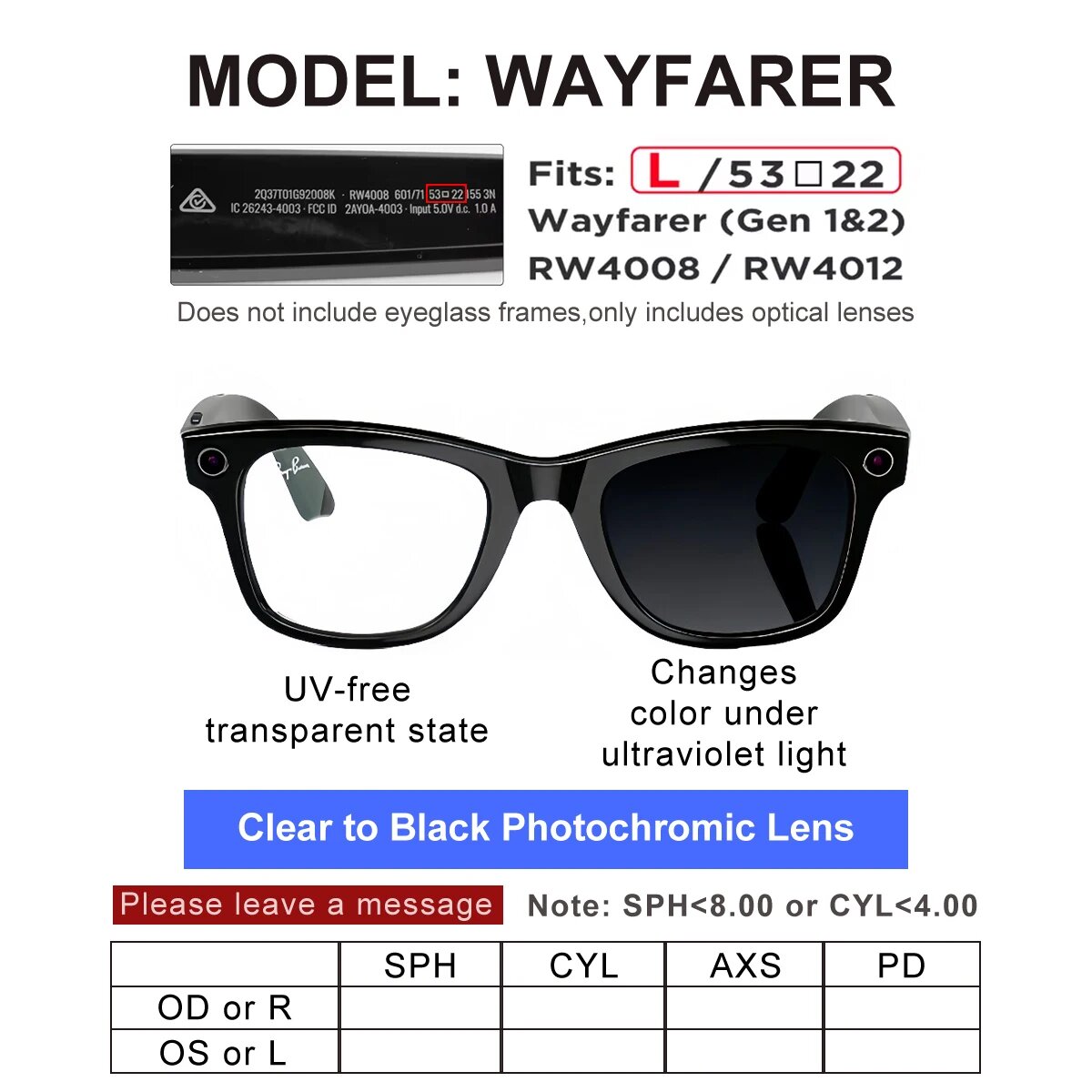 Для очков Ray-Ban Meta WAYFARE, HEADLINE, SKYLER: линзы для коррекции L-53-22 Turn black