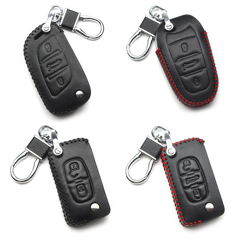 Кожаный чехол для ключей Citroen C-Elysée, 3-кнопочный ромбовидный складной, красная линия с пряжкой
