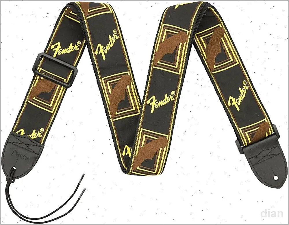 Ремень для гитары Fender Monogrammed Strap двухцветный черный желтый коричневый длиной два дюйма аксессуар для струнных музыкальных инструментов