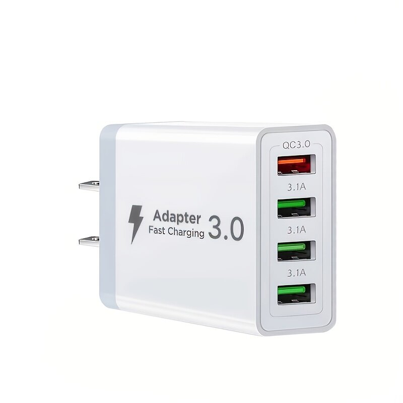 Сетевой зарядный адаптер USB с 4 портами, умная быстрая зарядка 3.0, защита от короткого замыкания, огнестойкий корпус, защита от молнии и перенапряжения, белый цвет, для iPhone 16/15/14/13 Pro Max X 8 7 6 и Samsung S21/S20/S10/S9
