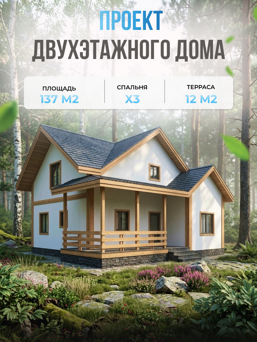 Проект двухэтажного дома из газобетона 137.2 м2, 3 спальни, площадь террас 12 м2