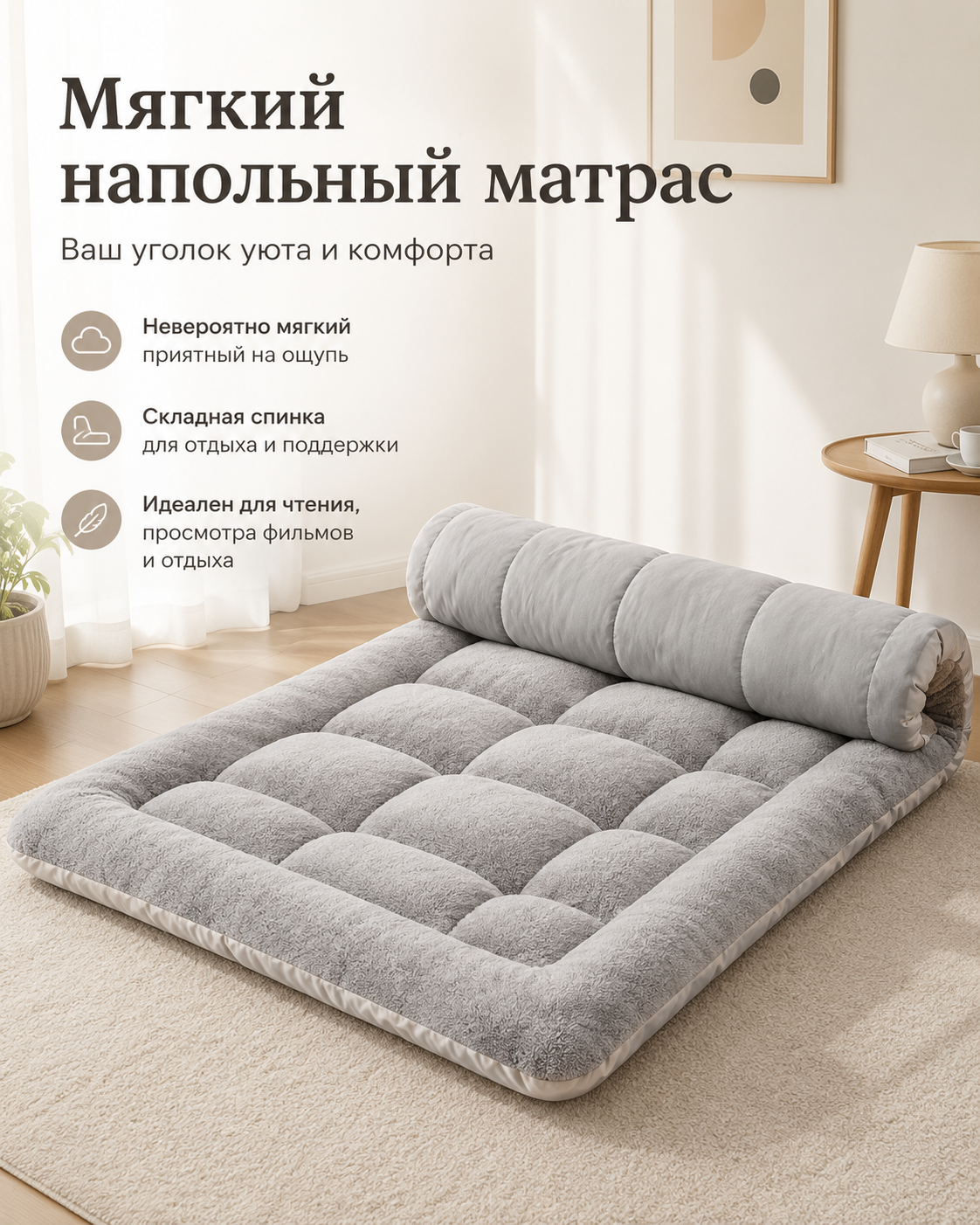 Толстый мягкий матрас для сна на полу, велюрная поверхность, квадратная строчка, легко сворачивается