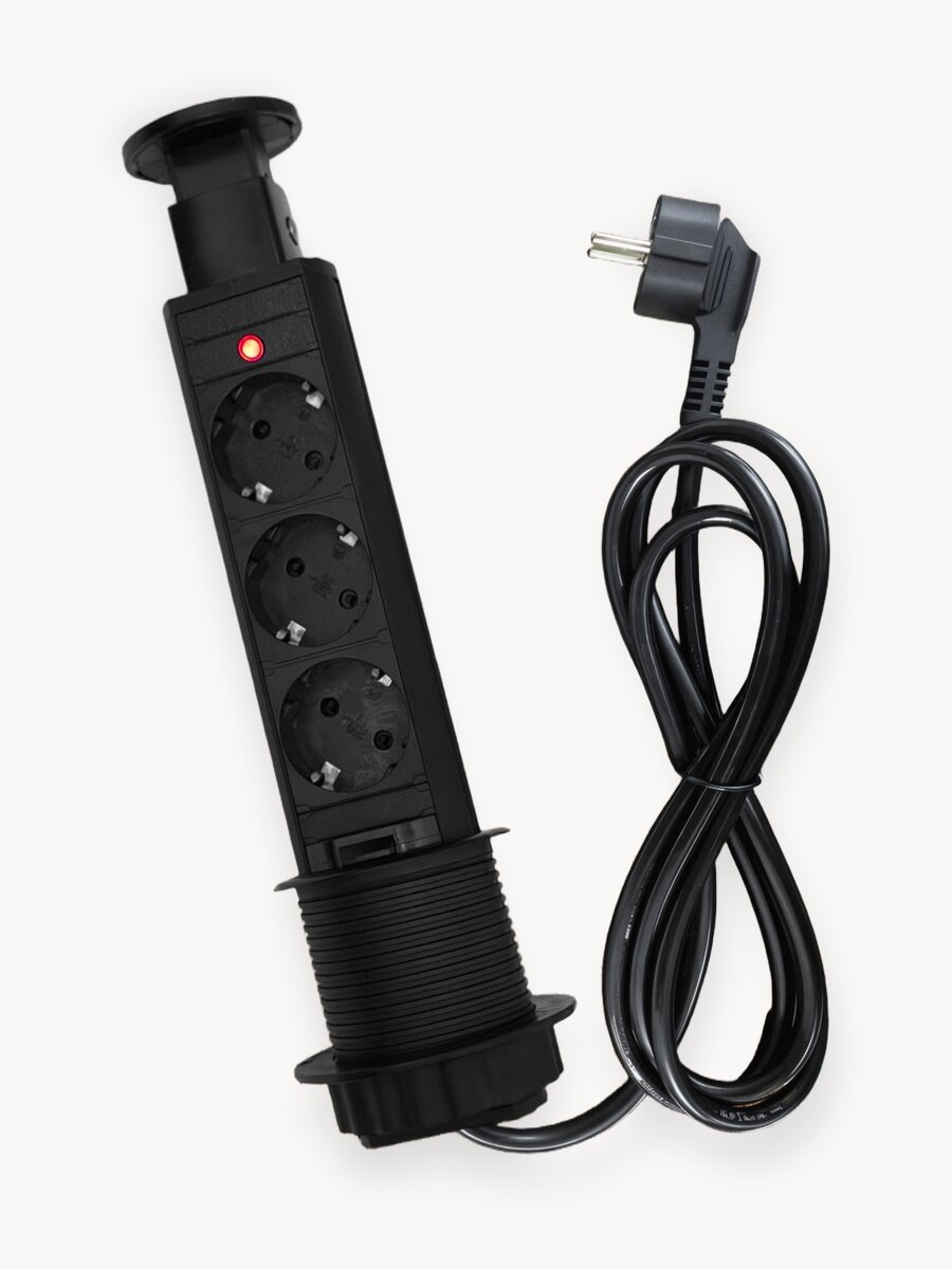 Розетка POP-UP, встраиваемая, 3 поста, с заземлением, выдвижная, чёрная