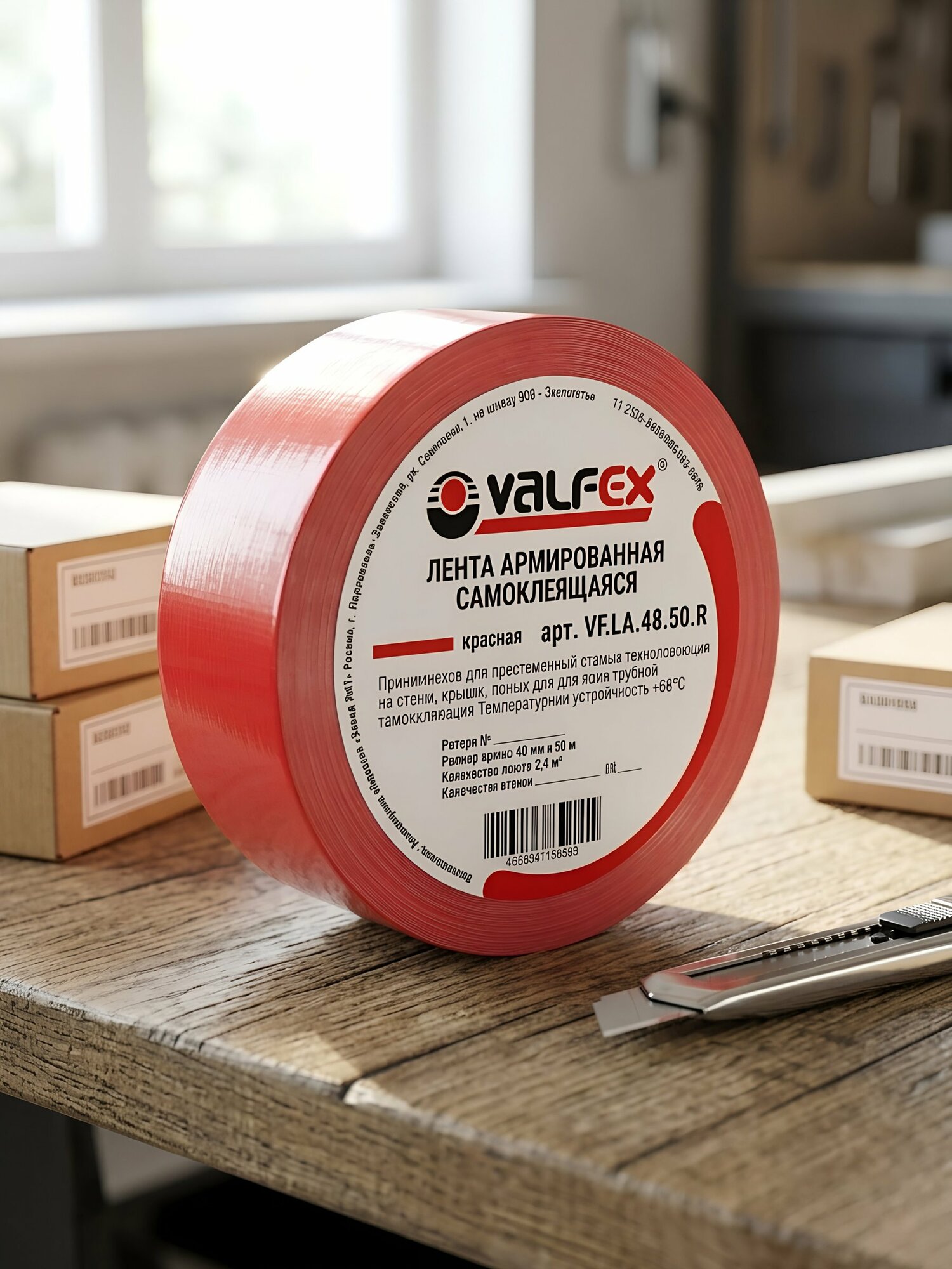 Скотч армированный 48 мм, красный, основа полимерная, 50 м, Valfex, VF. LA.48.50. R