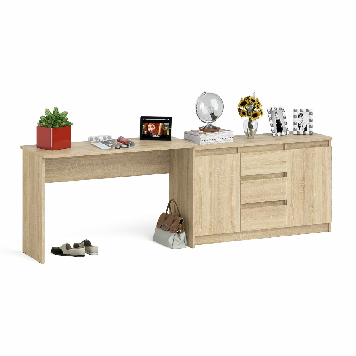 Письменный стол СВК Мори МК-1200-3 с комодом-тумбой цвет дуб сонома, 240,8х50х76,6 см.