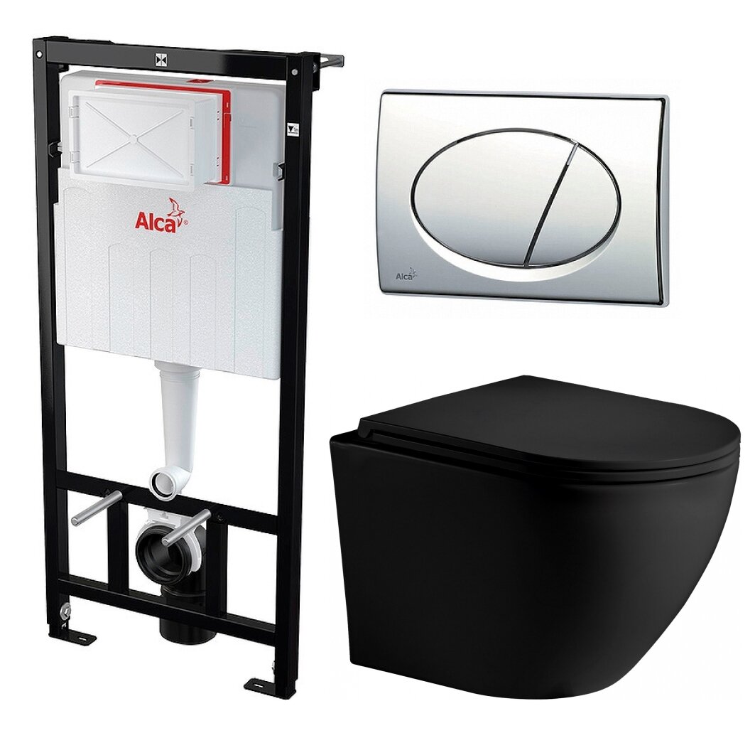 Комплект 3 в 1 инсталляция AlcaPlast + Унитаз подвесной Weltwasser WW Merzbach 043 MT-BL + кнопка хром