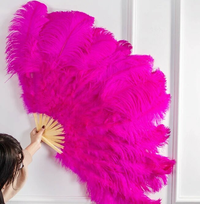 Розовый индивидуальный веер из страусиных перьев 13 костей Розовый, rose pink, 100cm Left right 2pc