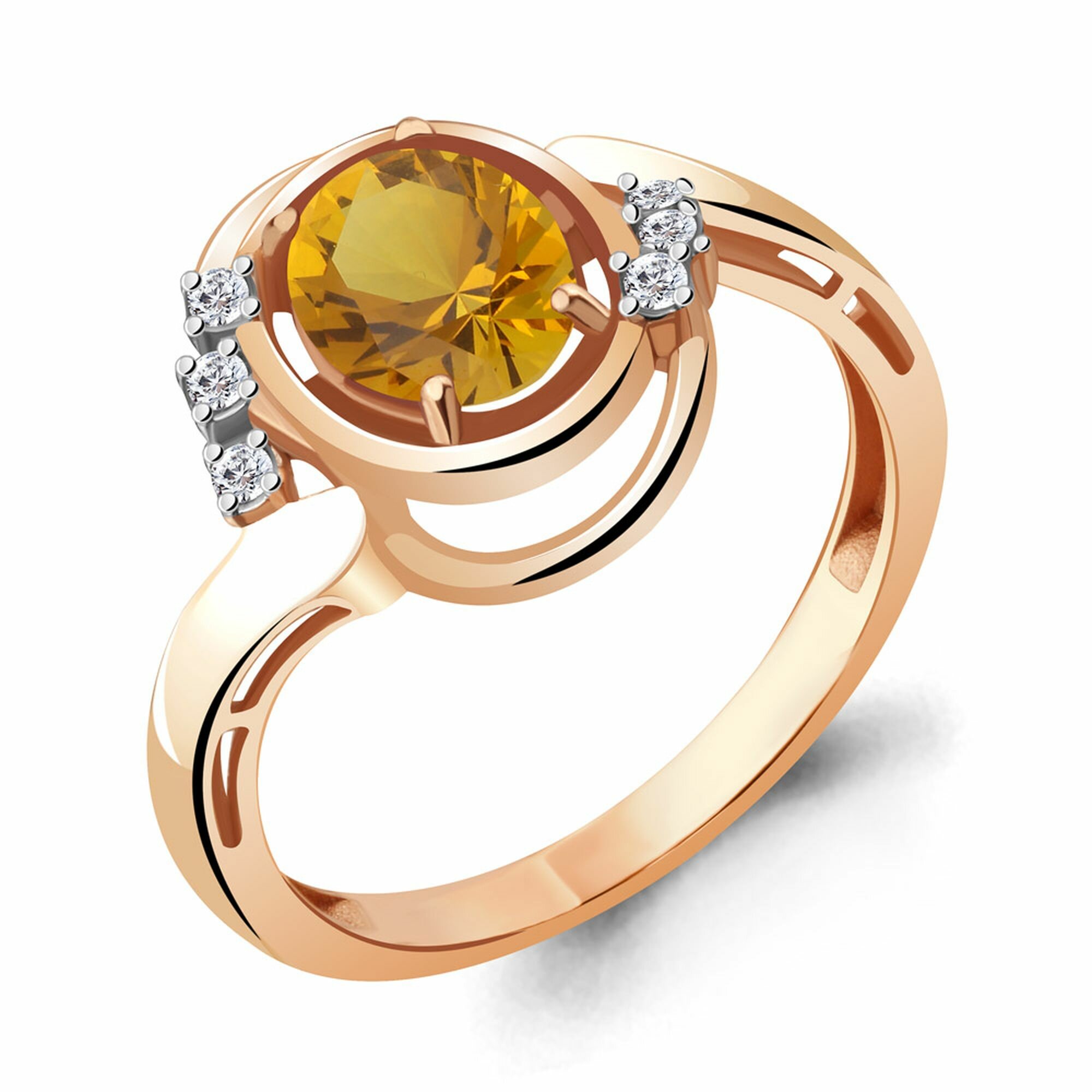 Кольцо, серебро, 925 проба, золочение, цитрин, фианит