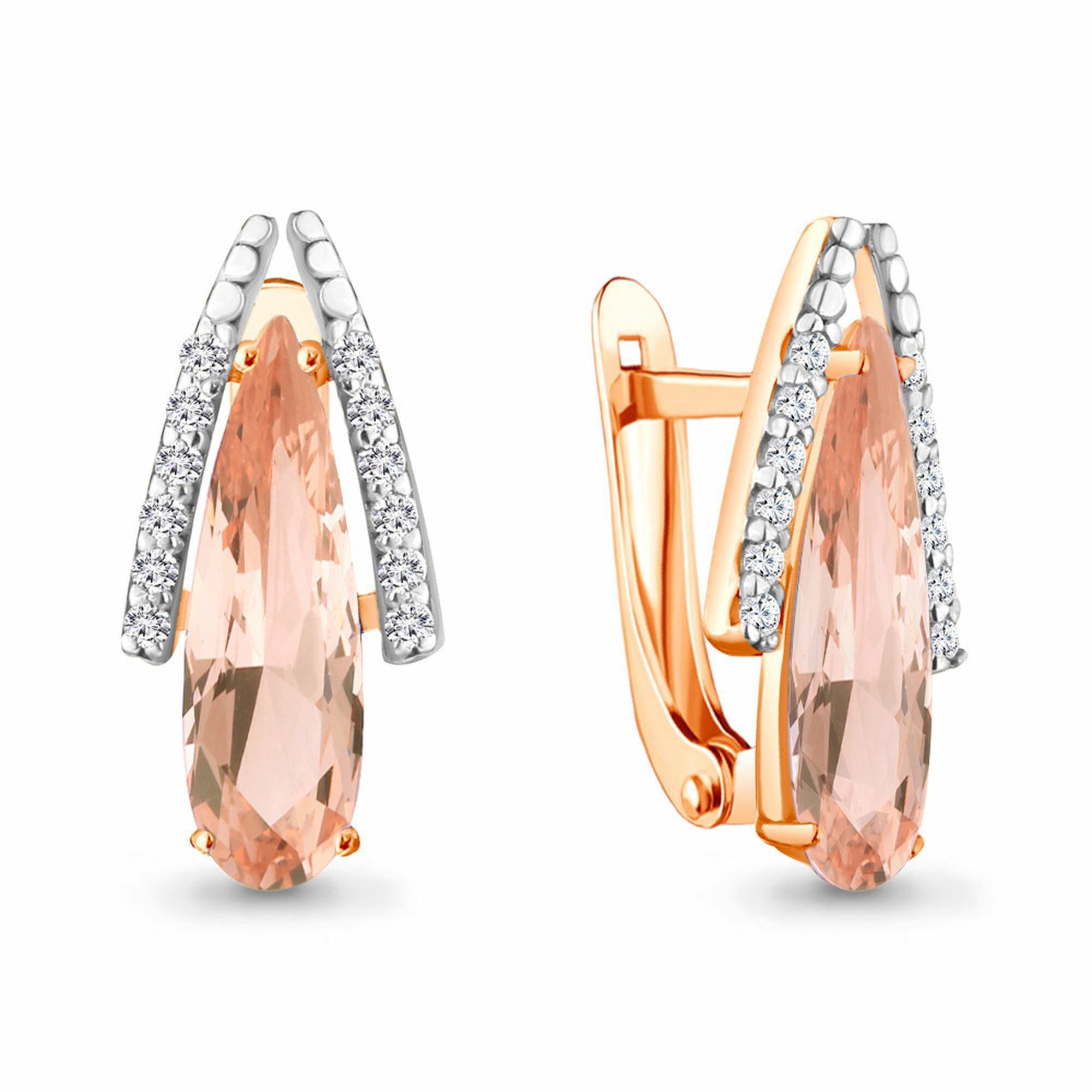 Серьги, серебро, 925 проба, золочение, морганит, фианит