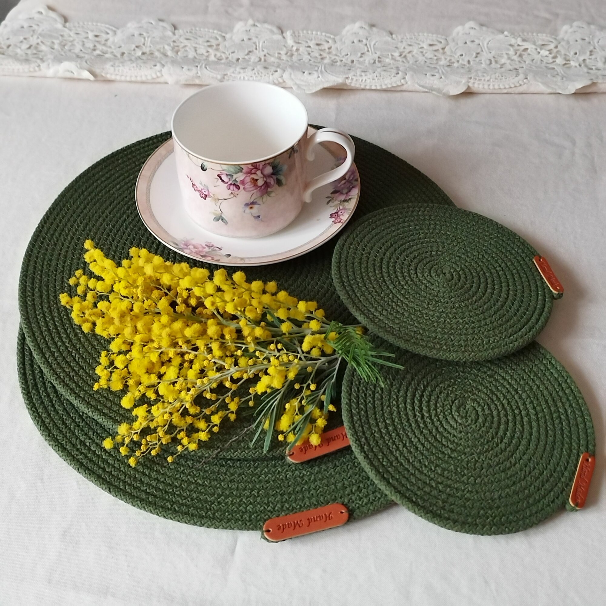 Подставки под горячее, набор салфеток сервировочный из хлопкового шнура с сердечником, плейсматы 30х30 см - 2 шт, 14х14 см - 2 шт