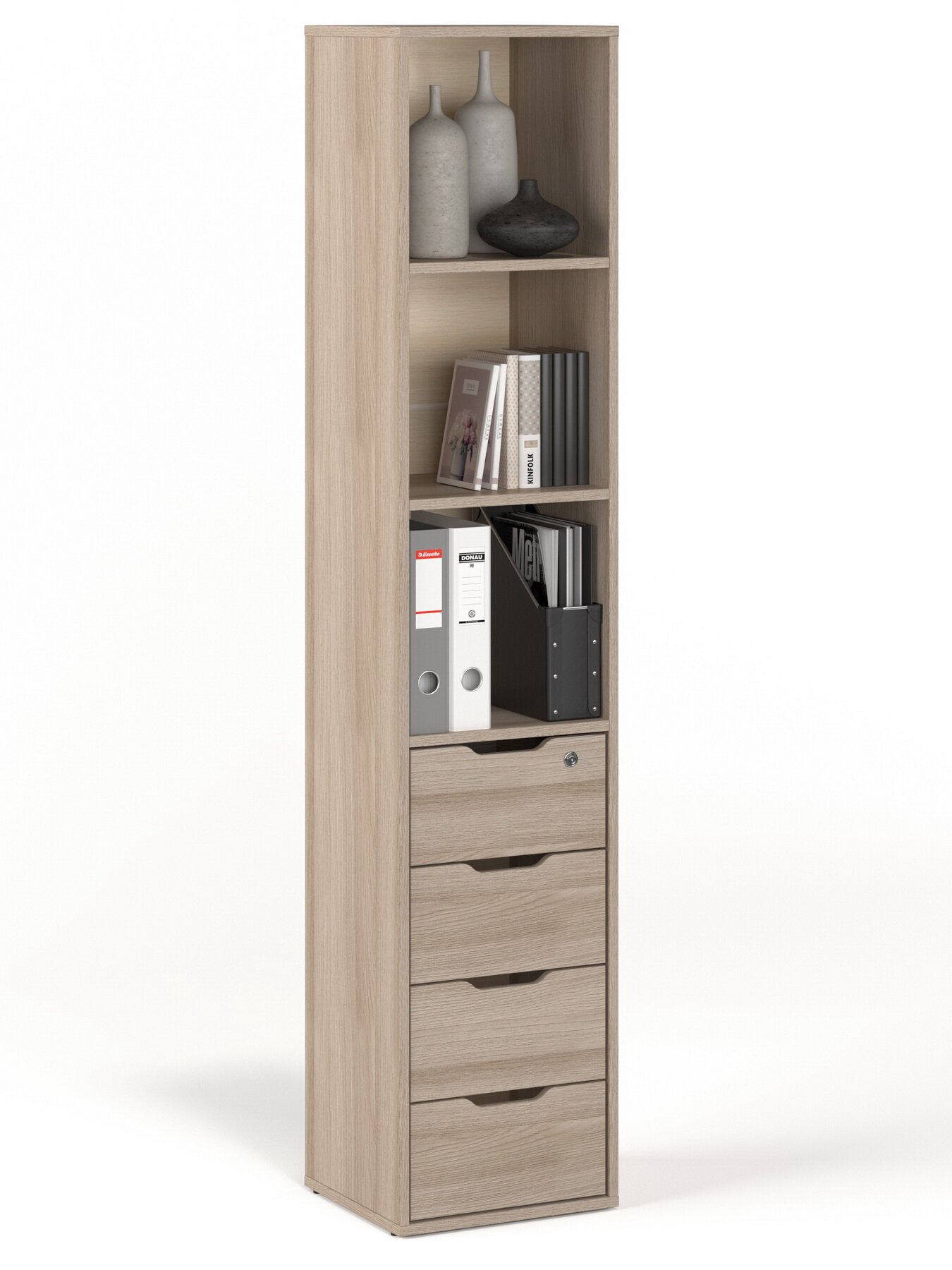 Стеллаж БАНГА-35 Ясень светлый, с ящиками и открытой полкой, (ВхШхГ) 177,2х36,8х32,6 см, ЛДСП