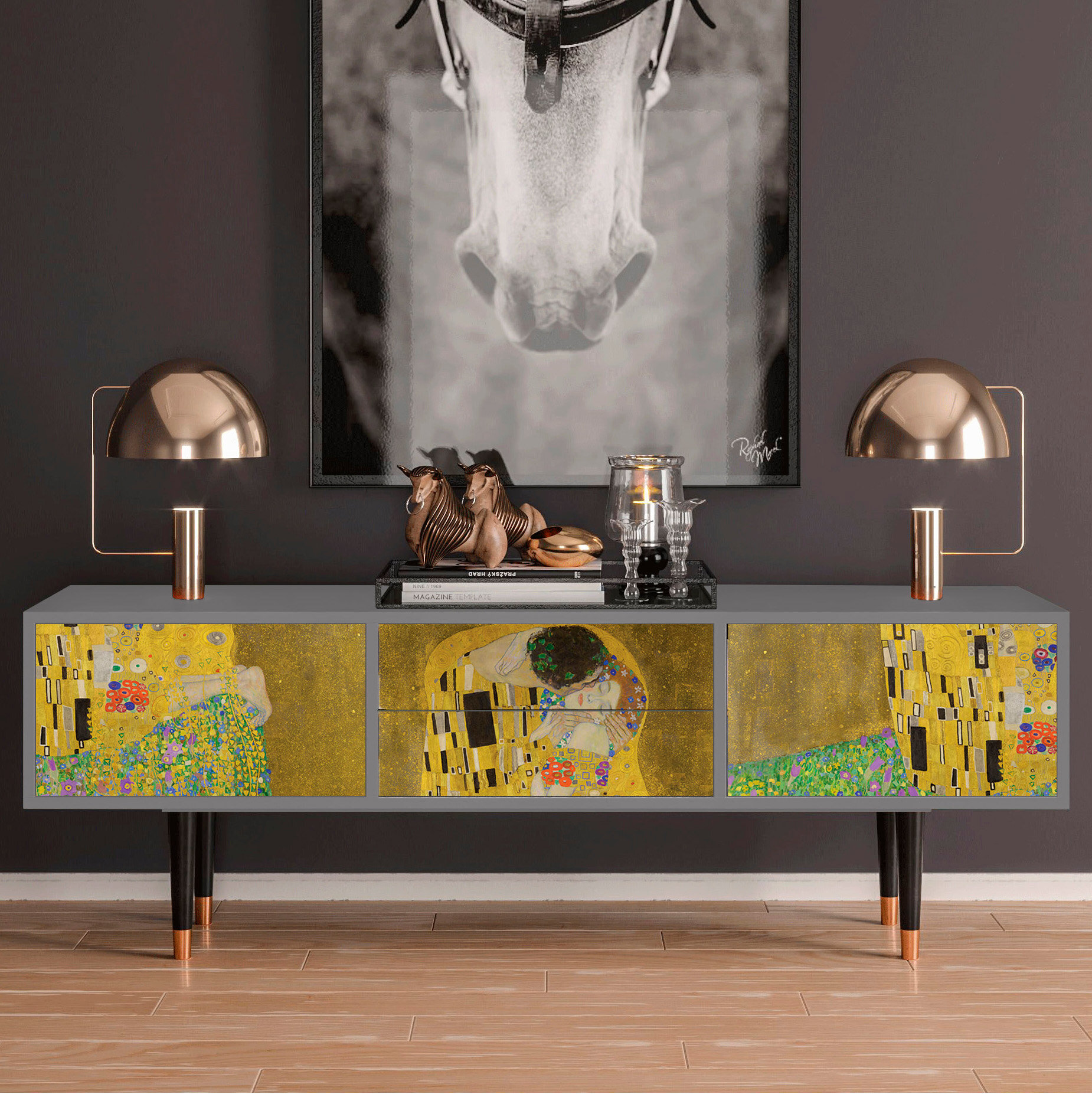 ТВ-Тумба - STORYZ - T4 The Kiss by Gustav Klimt , Размер - 170 x 59 x 48 см, Цвет корпуса - , Серый