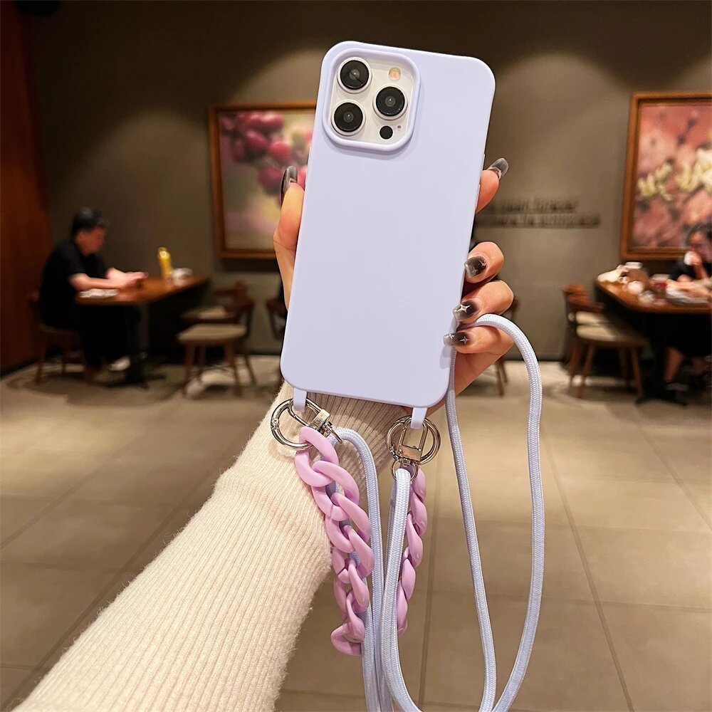 Чехол для телефона с ремешком через плечо для iPhone 17, 16, 15, 14, 13, 12, 11 Pro XR Max Plus, мягкий силиконовый чехол с акриловой цепочкой