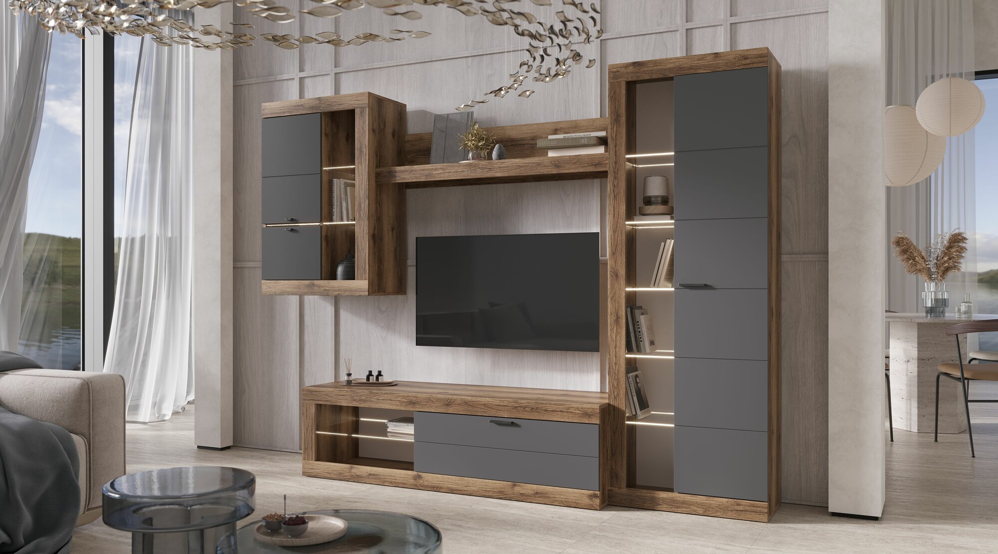 Комплект мебели для гостиной Прага (комп 56) Дуб Делано/Графит Софт