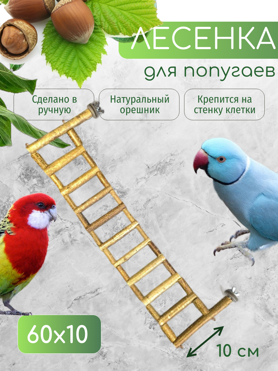 Настенная лесенка деревянная для попугаев и птиц 60х10 см