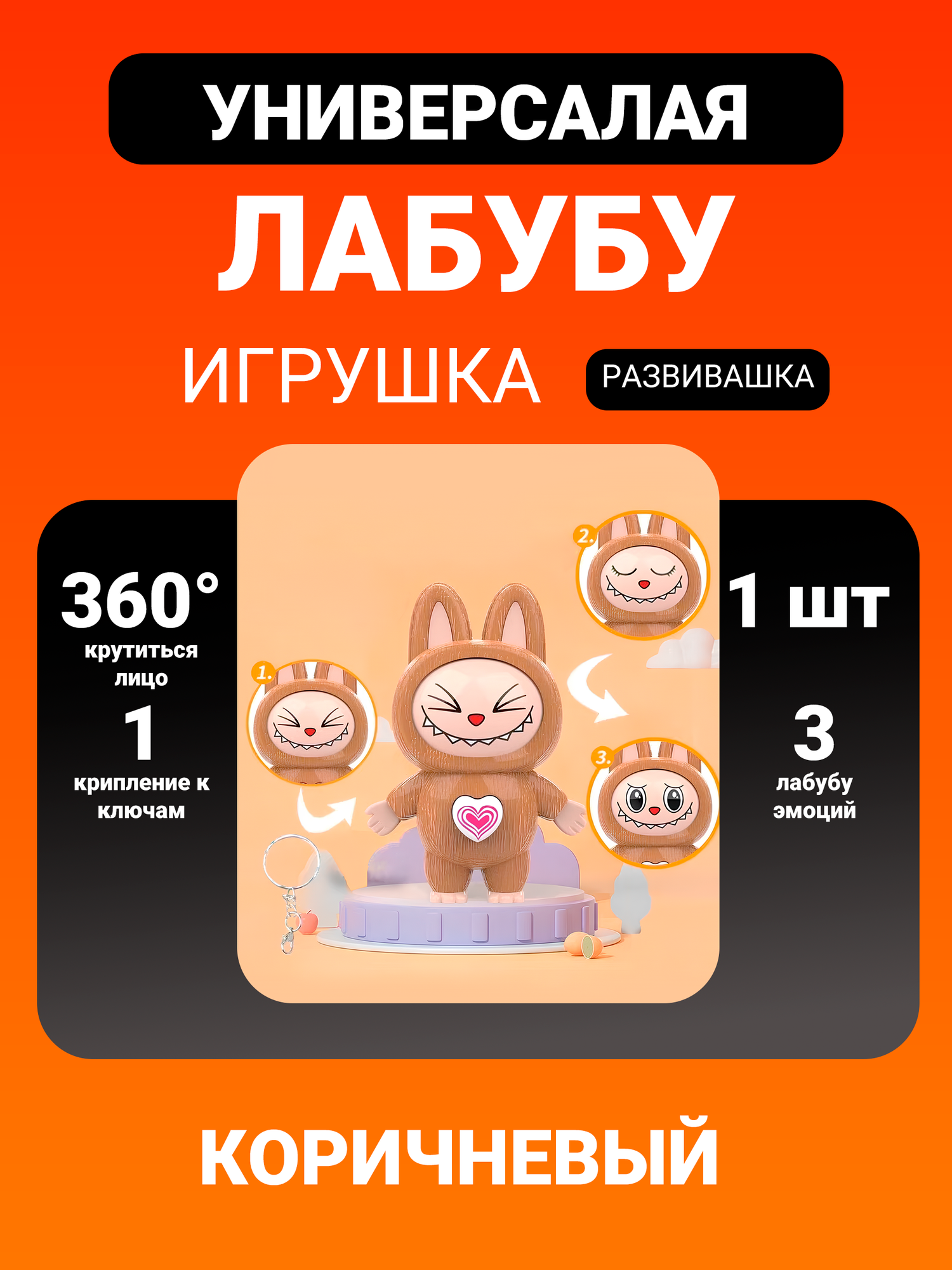 Лабубу, игрушка развивашка, 3 вида мордочек, брелок на рюкзак, брелок на ключи коричневый