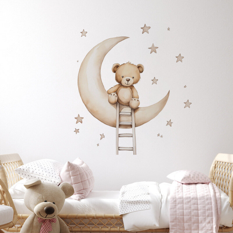 Милые наклейки на стену с изображением медведя и луны, декор детской комнаты со звездами и лестницей, самоклеящиеся настенные рисунки для детской комнаты, игровой комнаты, спальни, декор стен детской комнаты