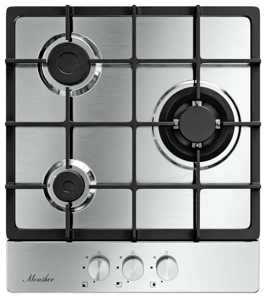 Газовая варочная панель Monsher MSG 43 Acier 44 см, 3 конфорки нержавеющая сталь электроподжиг газконтроль, серебристый
