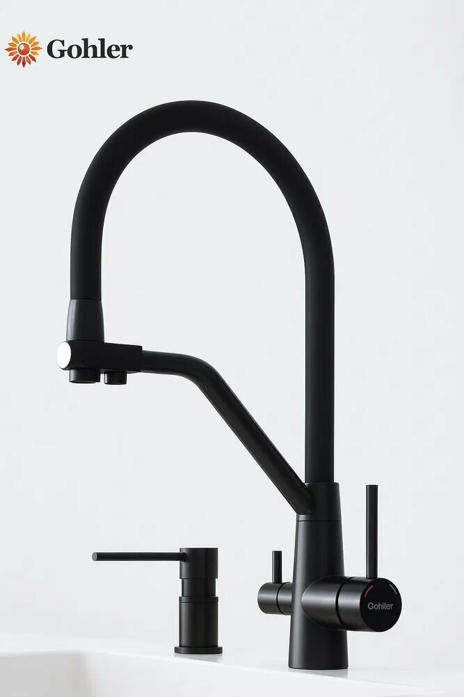 Смеситель для кухни с гибким изливом и краном под фильтр для питьевой воды Gohler G4102B черный