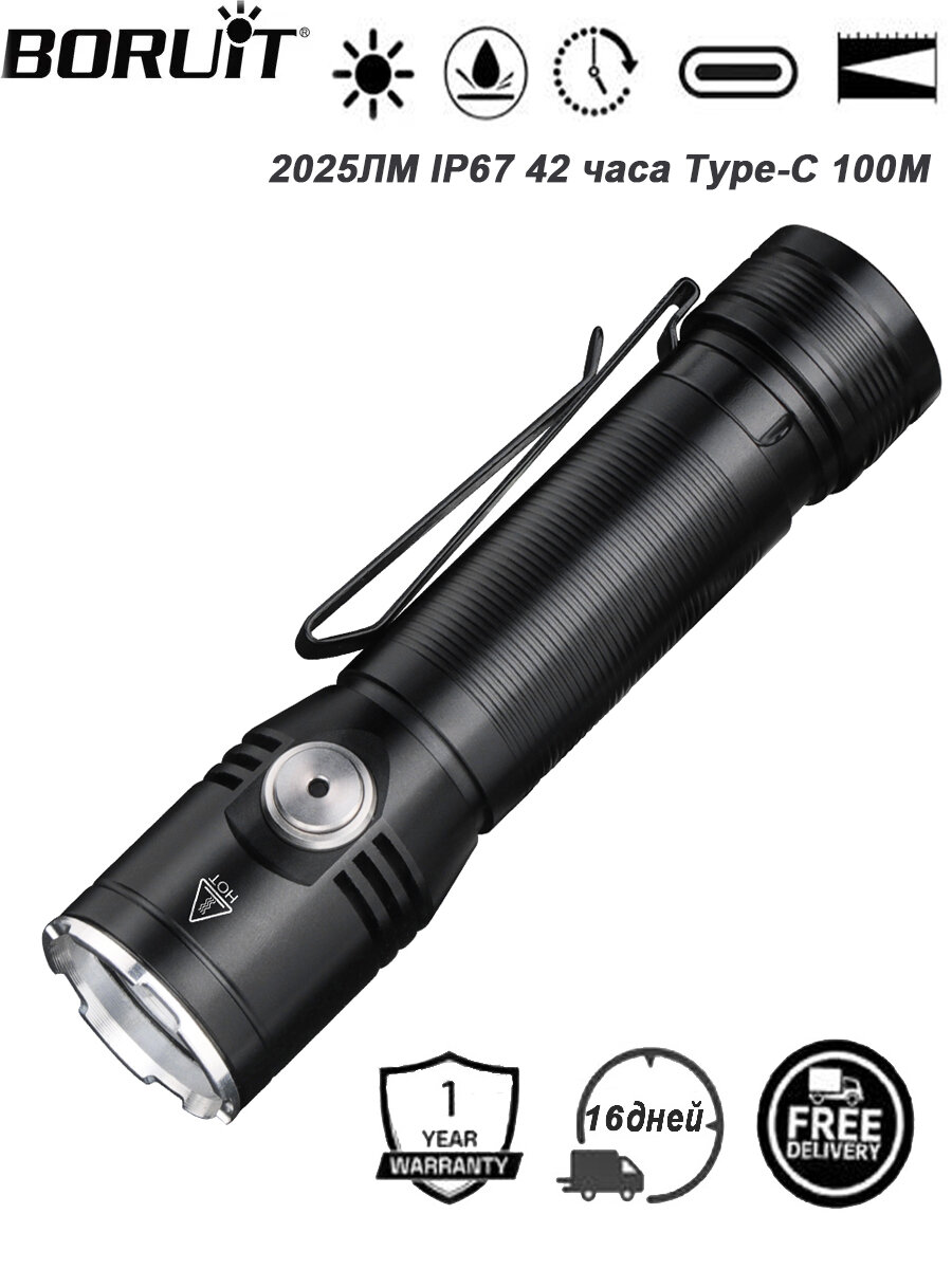 Ручной фонарик BORUiT ET20, 18650, зарядка Type-C
