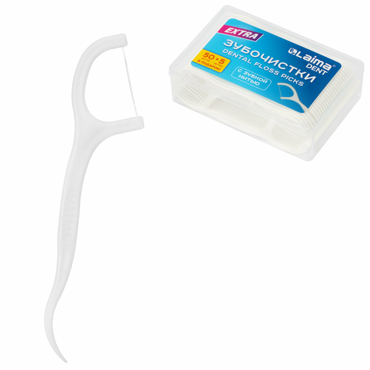 Набор зубочисток LAIMA с зубной нитью, 50+5 шт, в боксе, флоссеры 609404