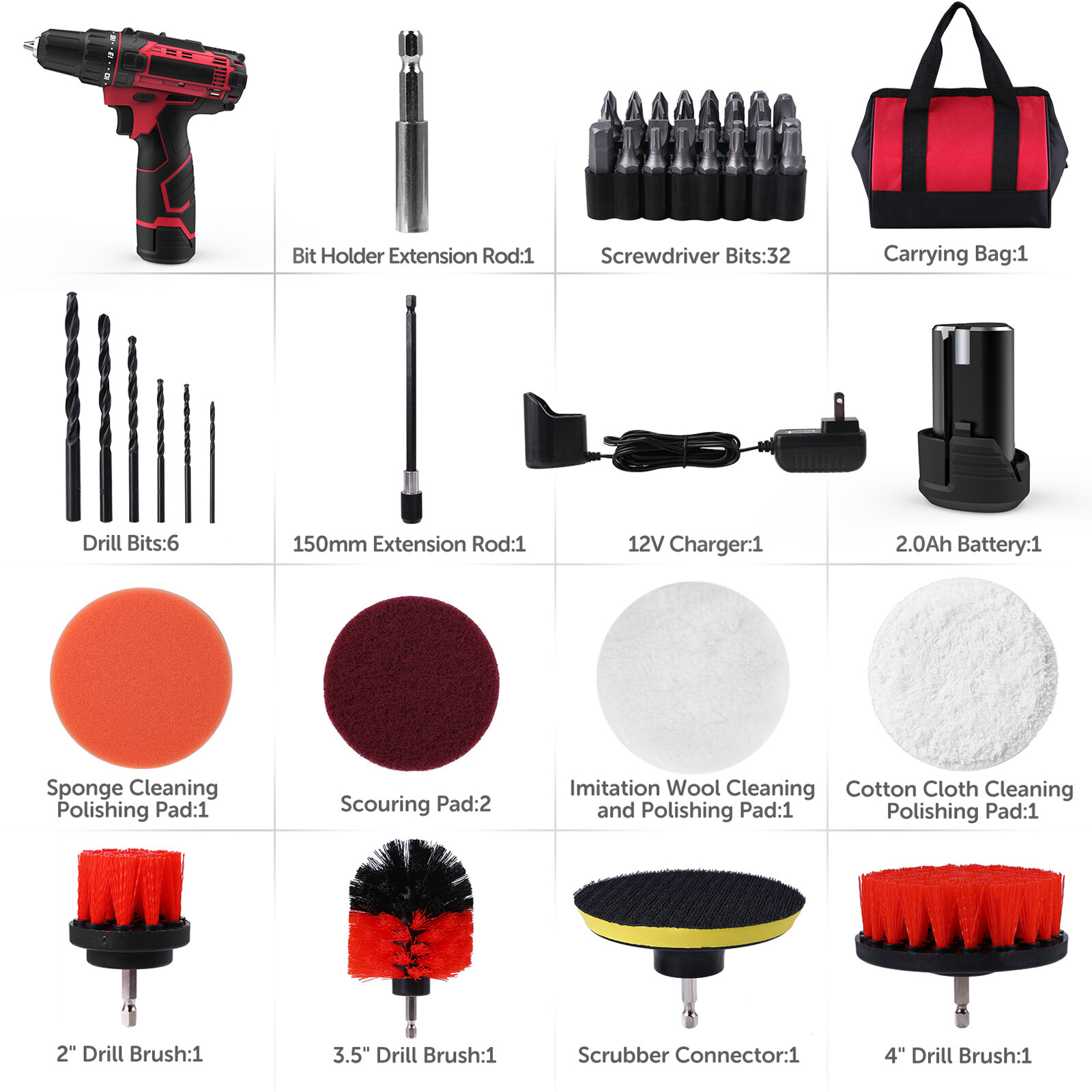 Аккумуляторная дрель-шуруповерт 12V, набор 50 предметов, 2 скорости, 280in-lb, патрон 3/8in, красный, US