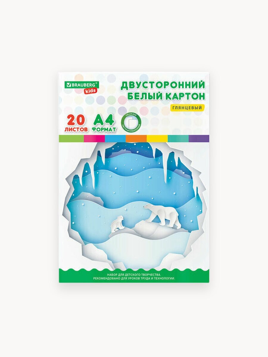Картон белый А4 мелованный (белый оборот), 20 листов, в папке, BRAUBERG KIDS, 203х283 мм, 115160