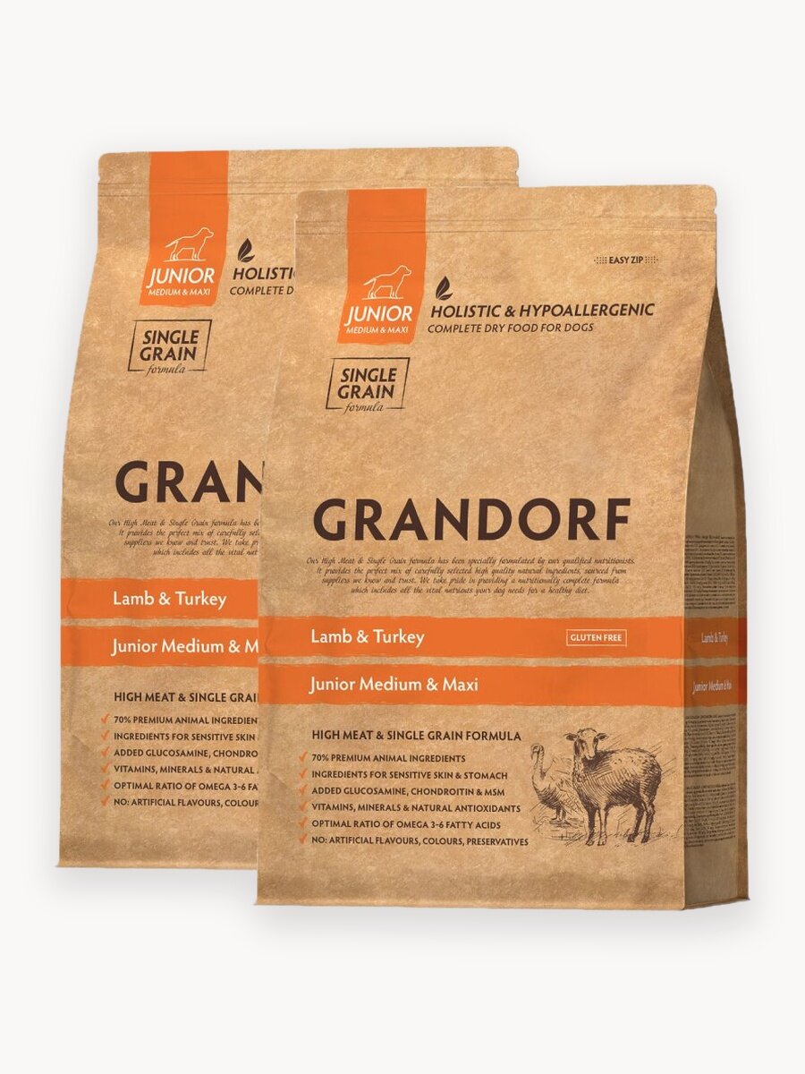 Сухой корм Grandorf Medium & Maxi Junior для юниоров средних и крупных пород Ягненок и индейка, 1 кг х 2 шт.