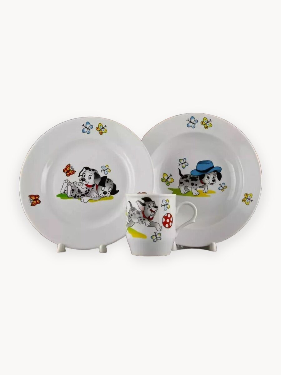 Детский набор посуды 3 предмета. Дулёвский фарфоровый завод ДФЗ. Рисунок "Озорные щенки И. У." Фарфор.